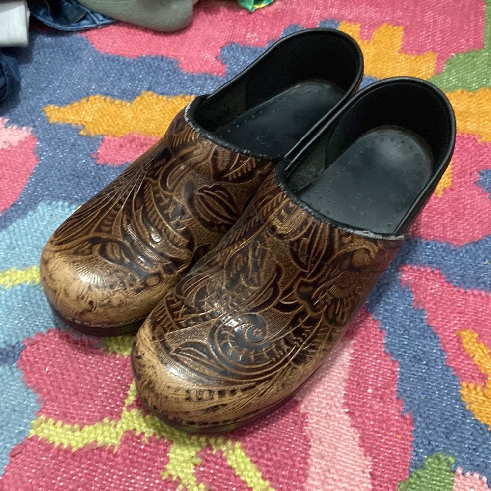 Brown Tooled Dansko Clogs - Gem